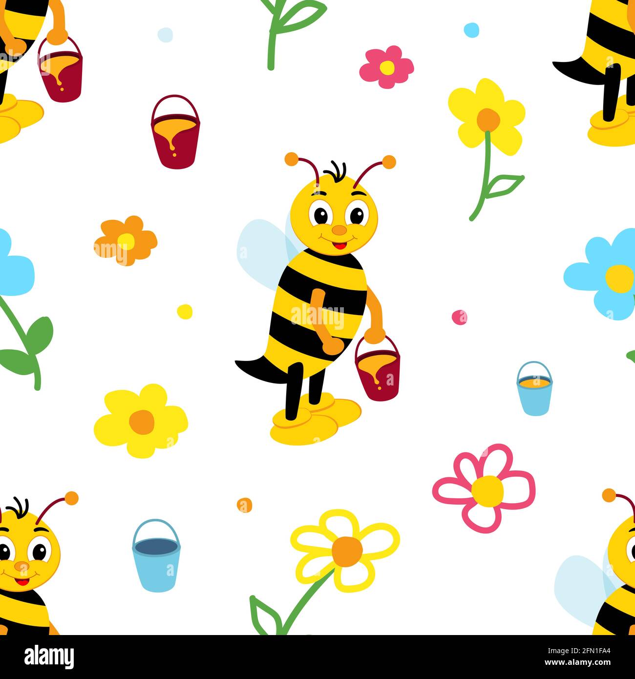 Children repeating pattern with cheerful bee in meadow. Bee around ...