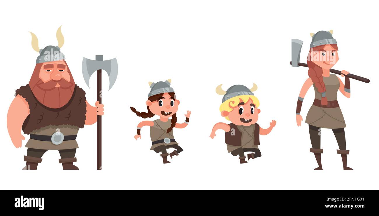 Viking Family Having Fun Characters In Cartoon Style Stock Vector