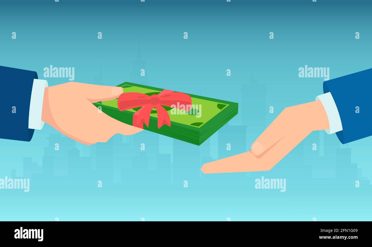 Vector of a businessman hand giving banknotes cash with reward ribbon ...