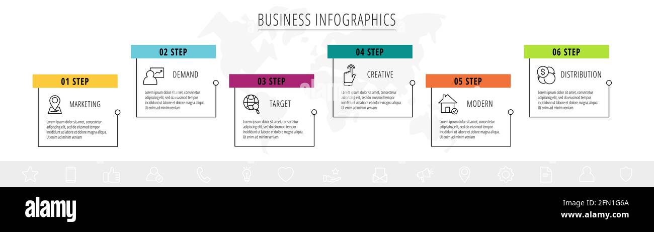 Vector line infographic template label for six colorful rectangle ...