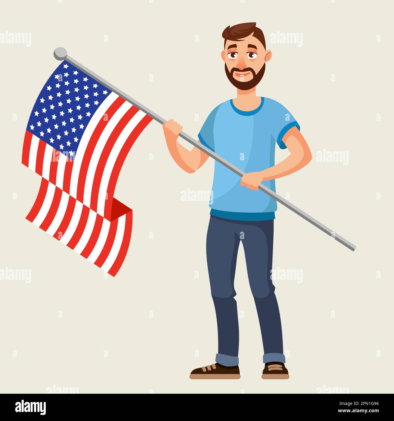 Man holding american flag. Male person in cartoon style Stock Vector ...