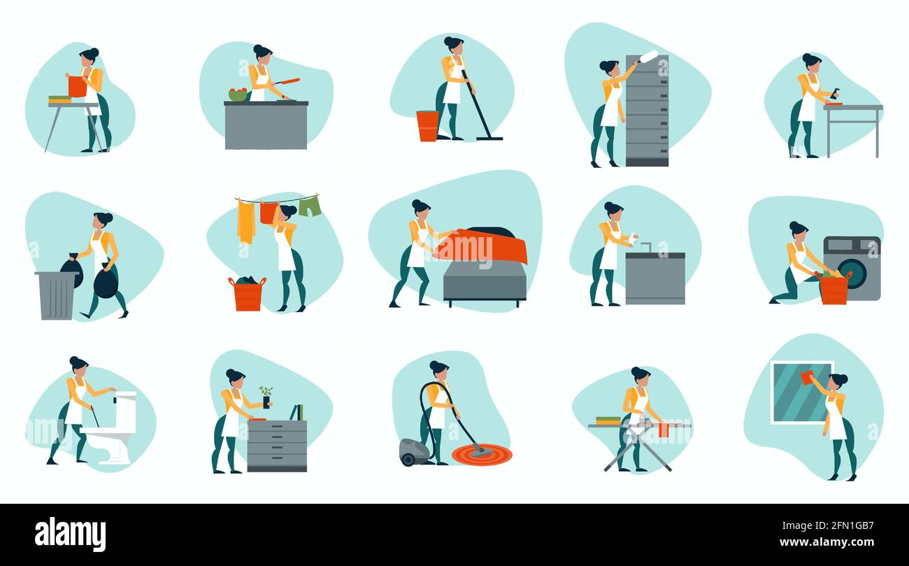 Vector of a housewife young lady busy doing home errands Stock Vector ...