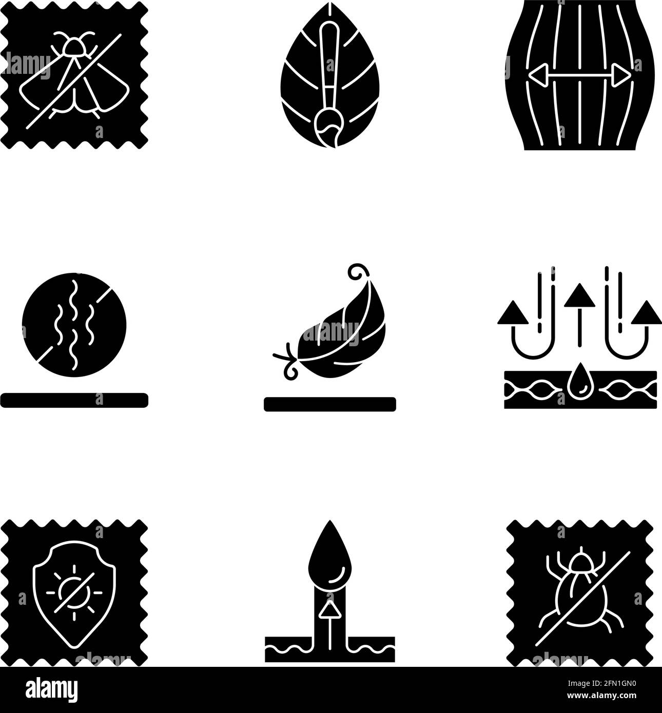 Different types of fabric feature black glyph icons set on white space ... Different types of fabric feature black glyph icons set on white space ...