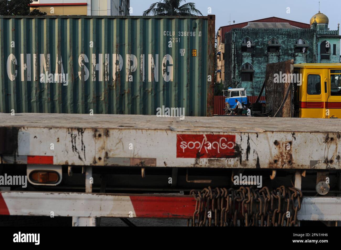 10.02.2014, Yangon, Myanmar, Asia - A shipping container by the Chinese ...