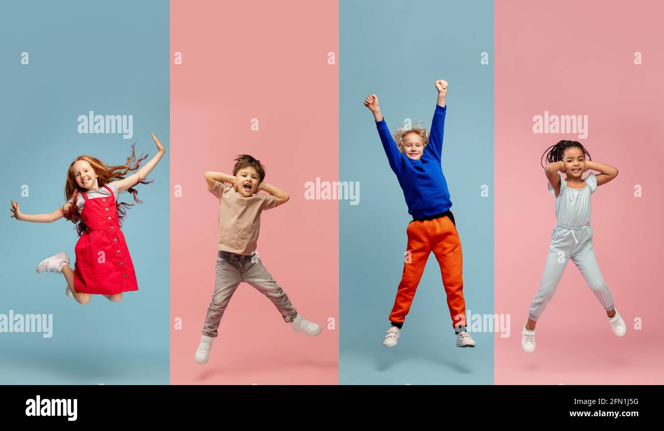 Art collage made of portraits of little and happy kids isolated on ...