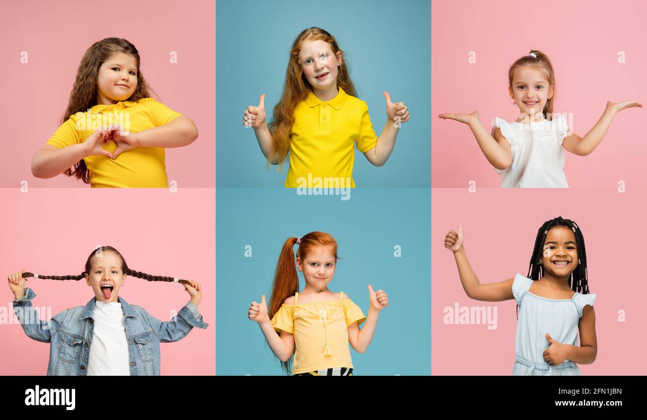 Art collage made of portraits of little and happy kids isolated on ...