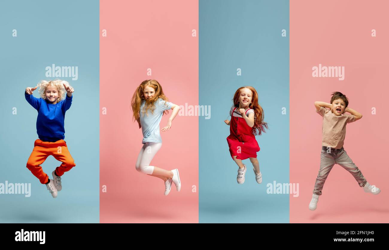 Art collage made of portraits of little and happy kids isolated on ...