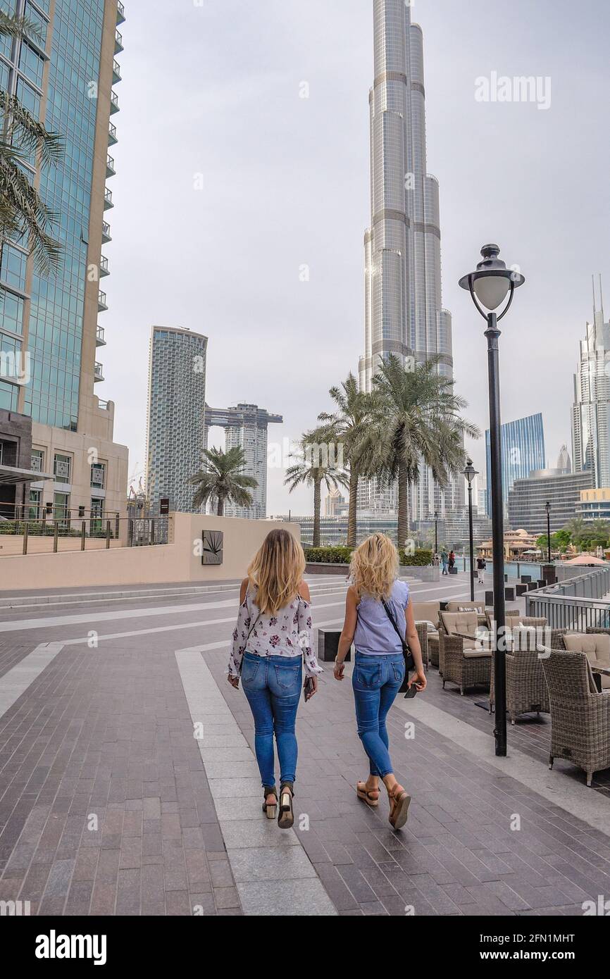 DUBAI, UNITED ARAB EMIRATES - Jan 18, 2019: A back view of a two young ...