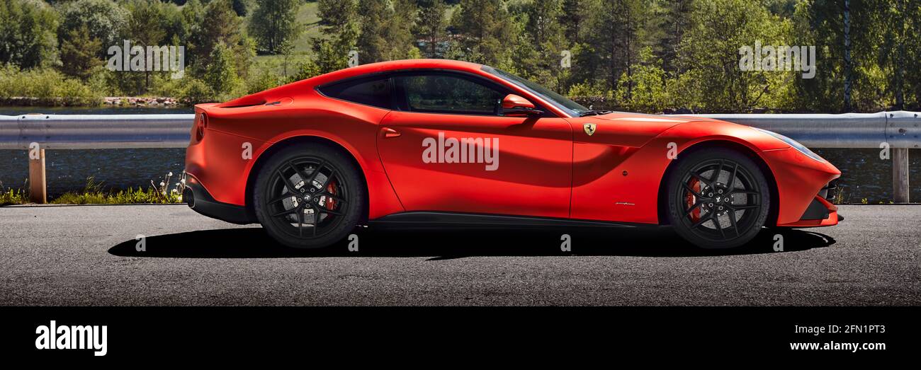 Red Ferrari F12 - engine v12 and 740PS. Miland, Norway. 04.06.2016 ...