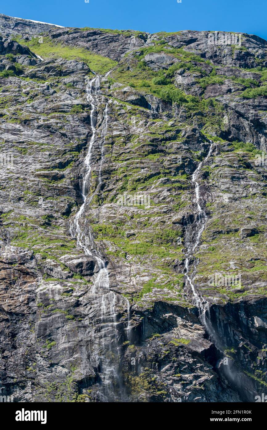 FLO, NORWAY - 2020 AUGUST 10. Twins waterfalls on the mountain Stock ...