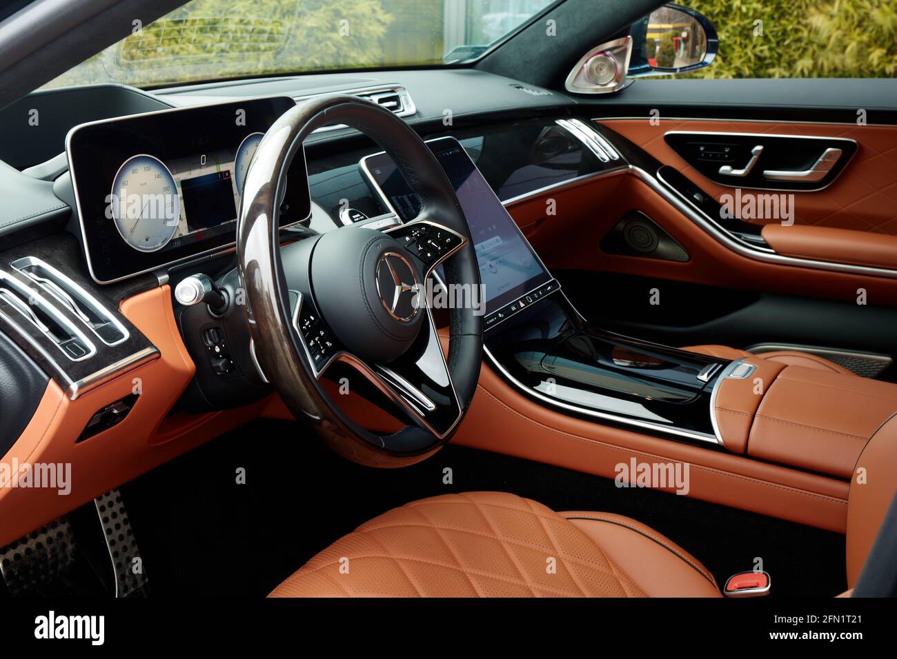 Cabin of luxury Mercedes S Class finished with real wood and leather ...