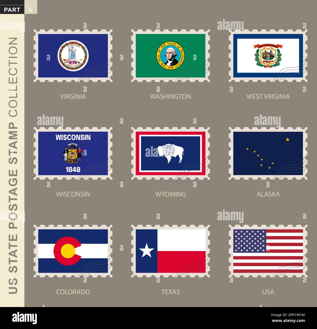 Postage Stamp With Usa States Flag Collection Of 9 Us States Flag