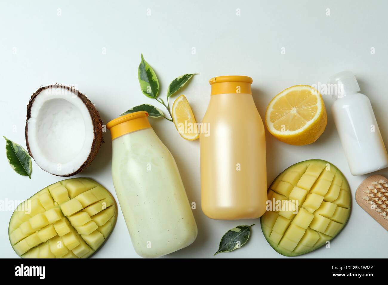 Bath cosmetics and ingredients on white background Stock Photo - Alamy