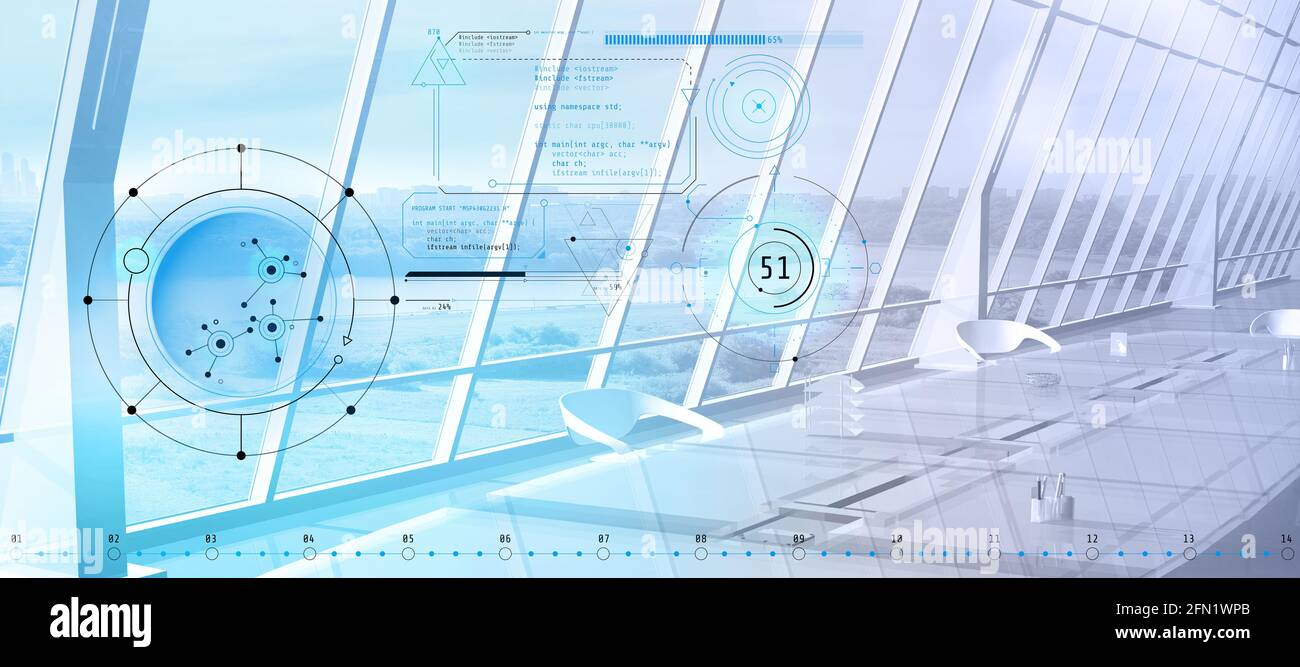 Light modern office panorama with abstract infographics. 3D render ...