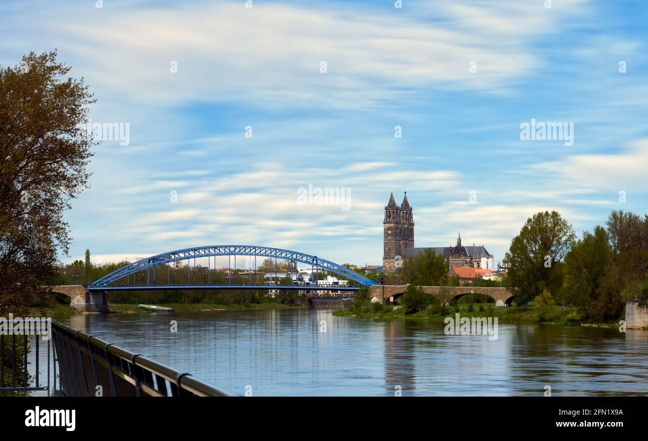 View over the river Elbe in Magdeburg to the blue star bridge and the ...