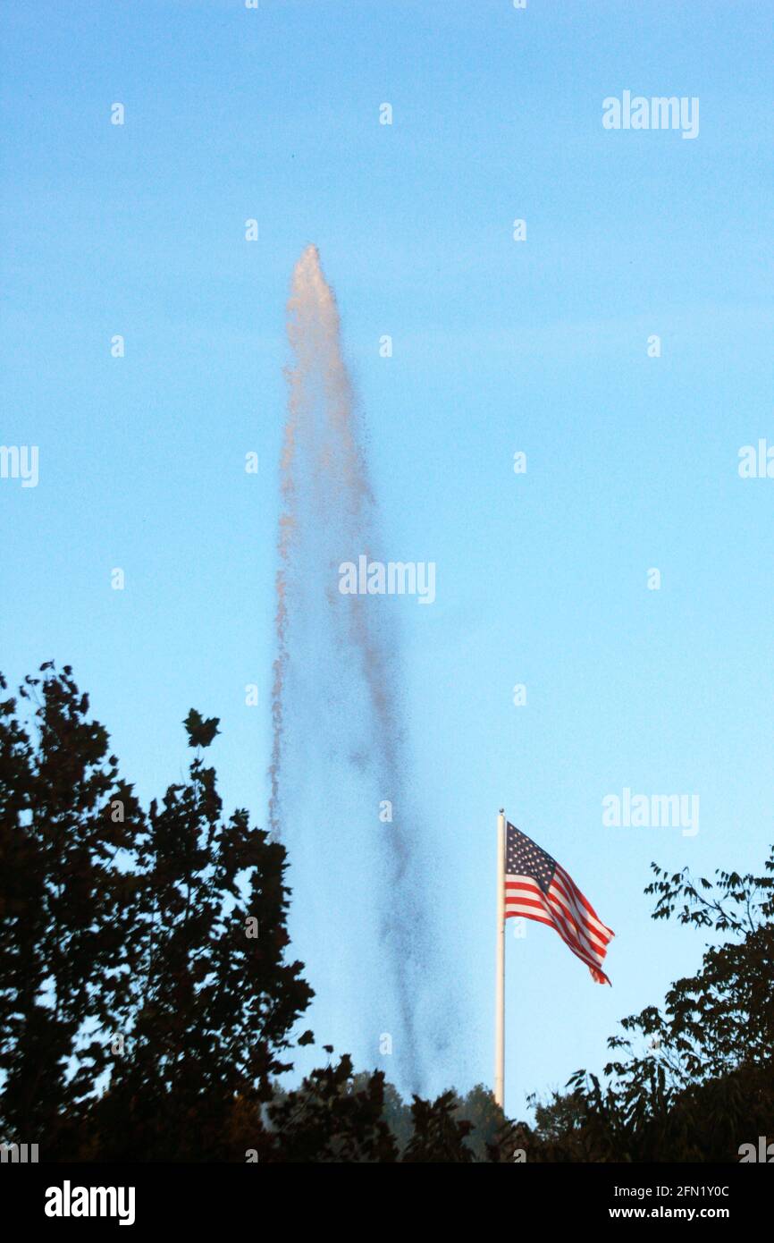 Lynchburg, VA, USA. Jet of water from the Langley fountain seen behind ...