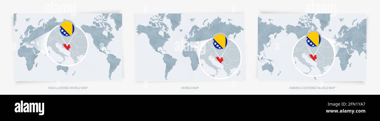 Three versions of the World Map with the enlarged map of Bosnia and ...