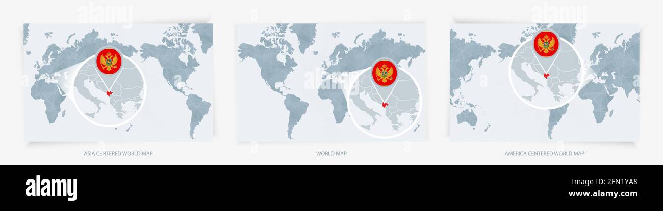 Three versions of the World Map with the enlarged map of Montenegro with flag. Europe, Asia, and ...