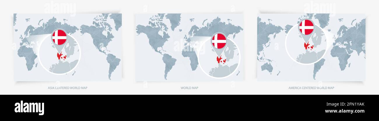 Three versions of the World Map with the enlarged map of Denmark with ...