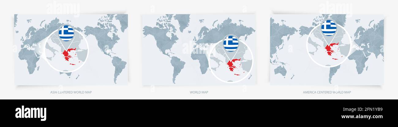 Three versions of the World Map with the enlarged map of Greece with ...