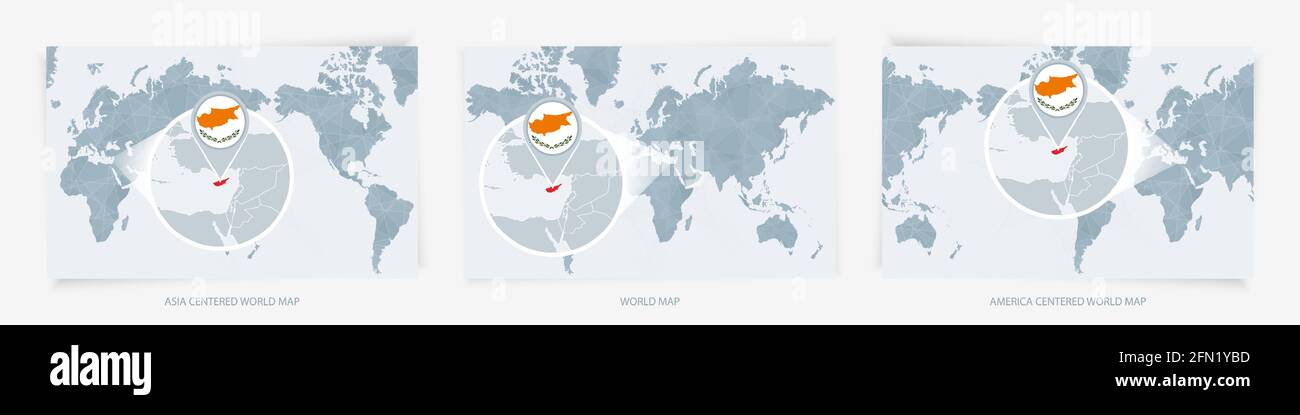 Three versions of the World Map with the enlarged map of Cyprus with ...
