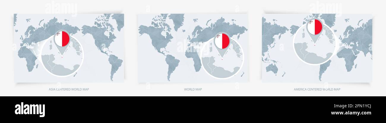 Three versions of the World Map with the enlarged map of Malta with ...