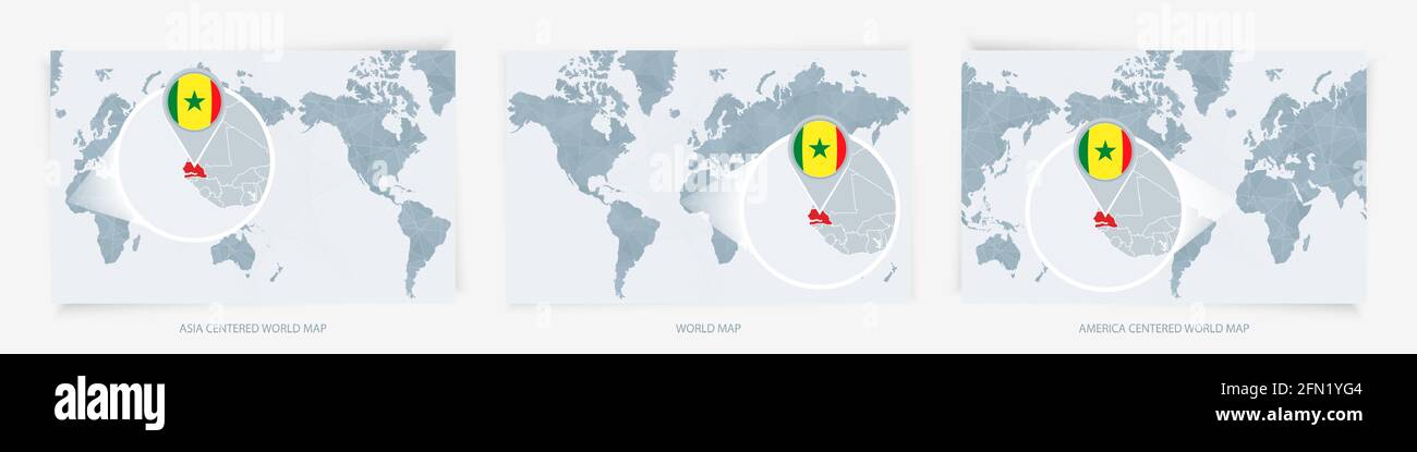 Three versions of the World Map with the enlarged map of Senegal with flag. Europe, Asia, and ...