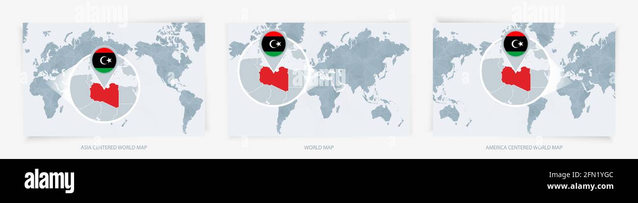 Three versions of the World Map with the enlarged map of Libya with ...