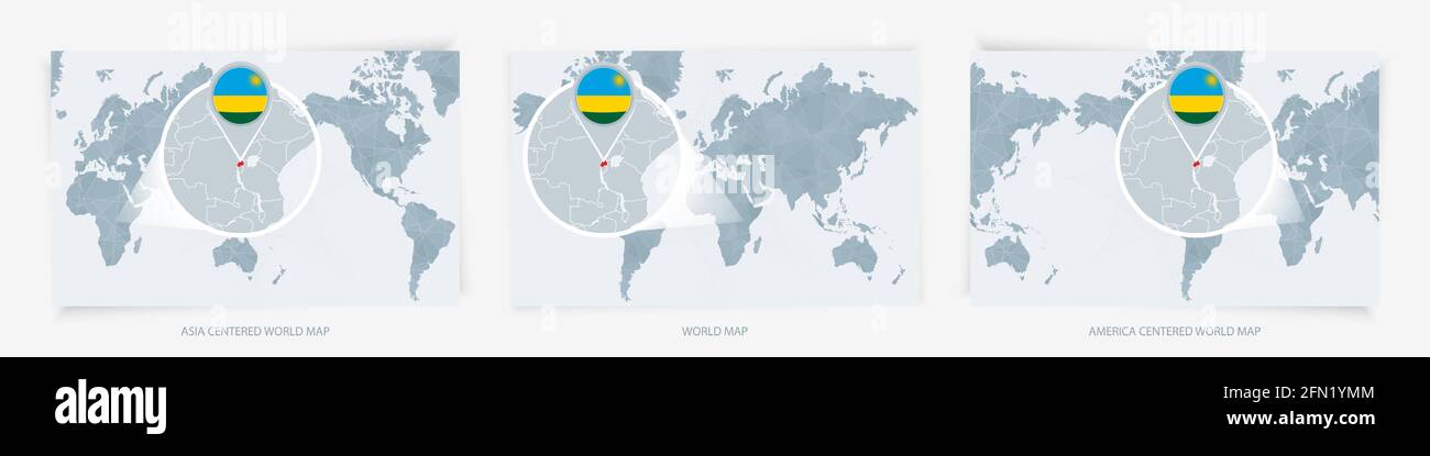 Three versions of the World Map with the enlarged map of Rwanda with ...
