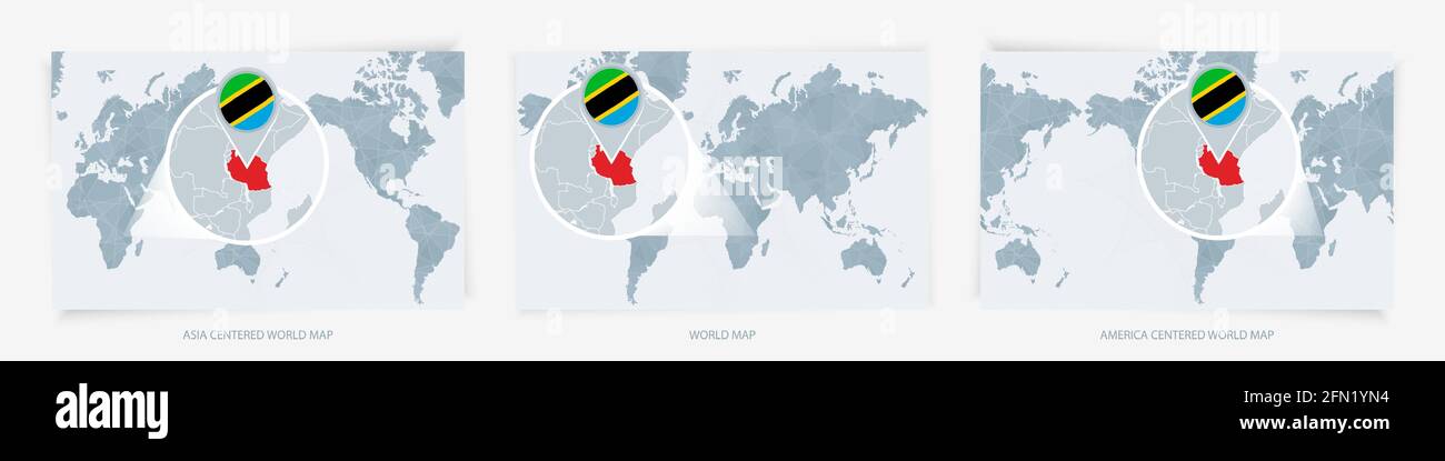 Three versions of the World Map with the enlarged map of Tanzania with ...