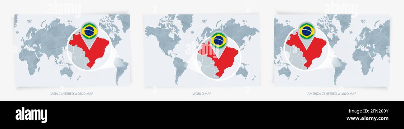 Three versions of the World Map with the enlarged map of Brazil with ...