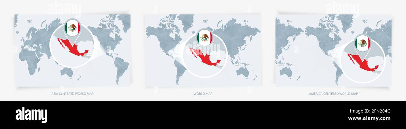 Three versions of the World Map with the enlarged map of Mexico with ...