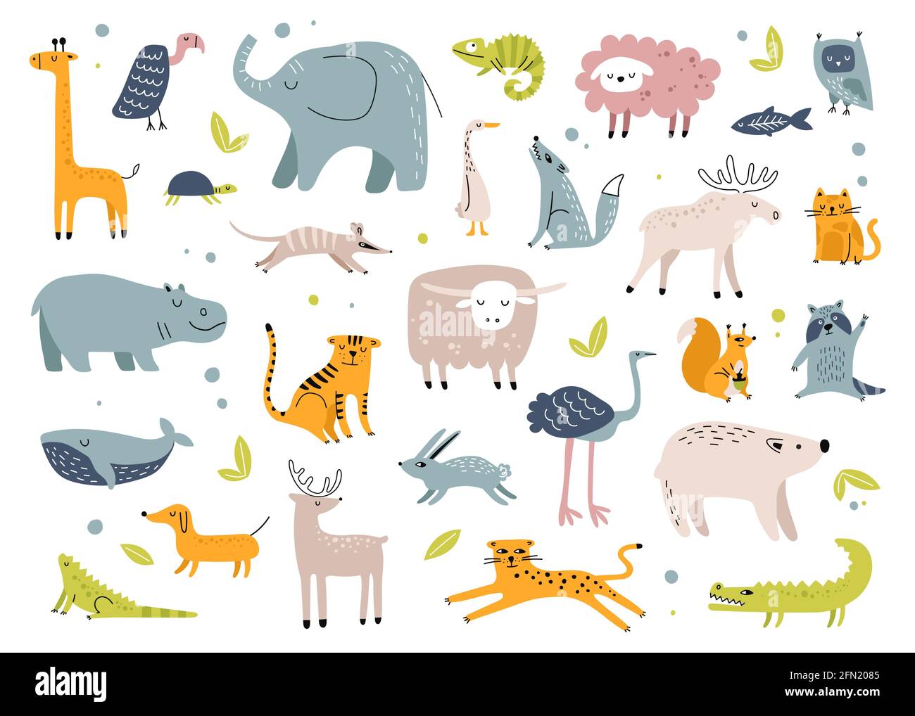 Scandinavian animals. Cute rabbit, elephant, turtle, tiger, owl ...