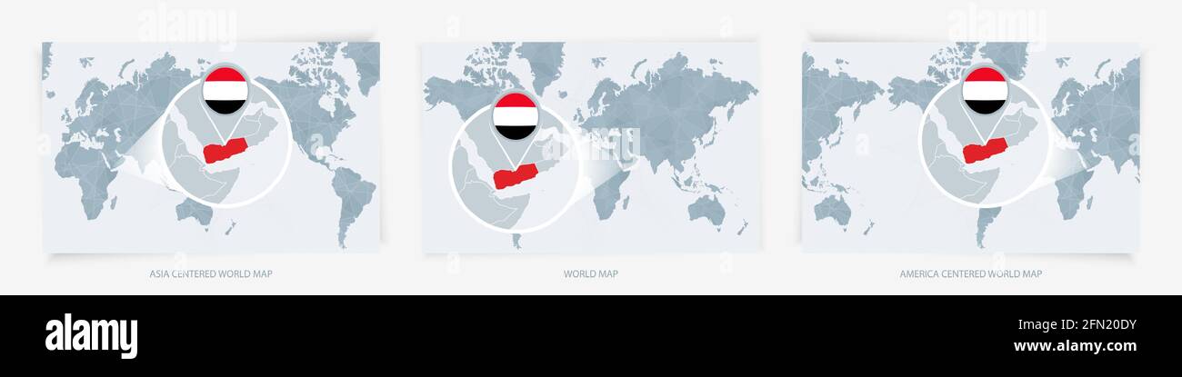 Three versions of the World Map with the enlarged map of Yemen with ...
