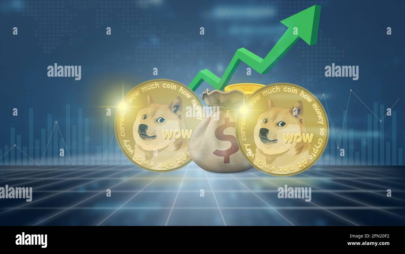 Dogecoin, dogecoin growth. Digital dogecoin coins, money bag with ...