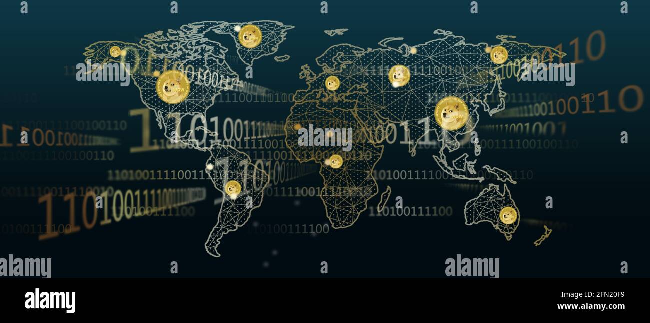 Worldwide cryptocurrency Dogecoin block chain concept on a world map ...