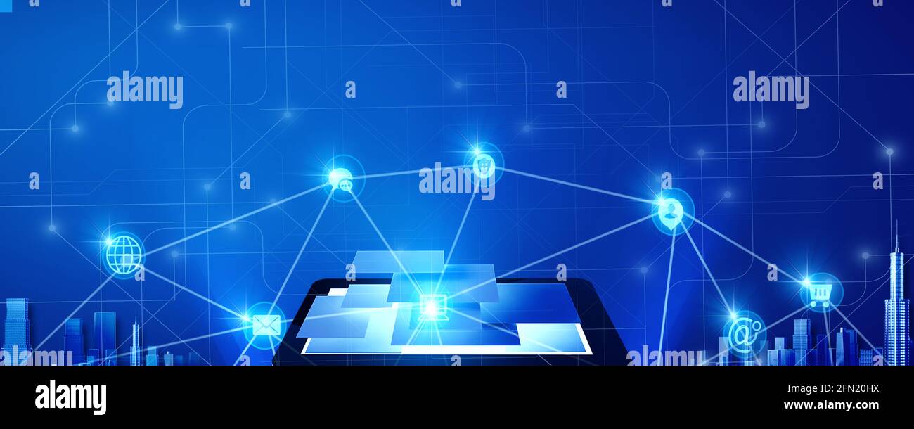 Modern abstract wireless technology illustration with tablet and ...