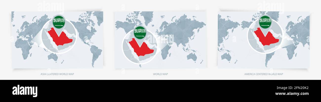 Three versions of the World Map with the enlarged map of Saudi Arabia ...