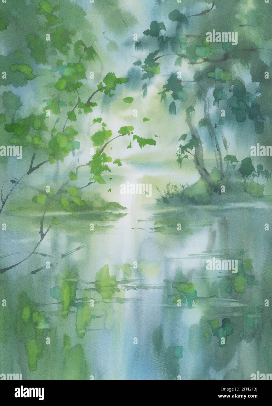 A stream in the forest in spring watercolor background Stock Photo - Alamy