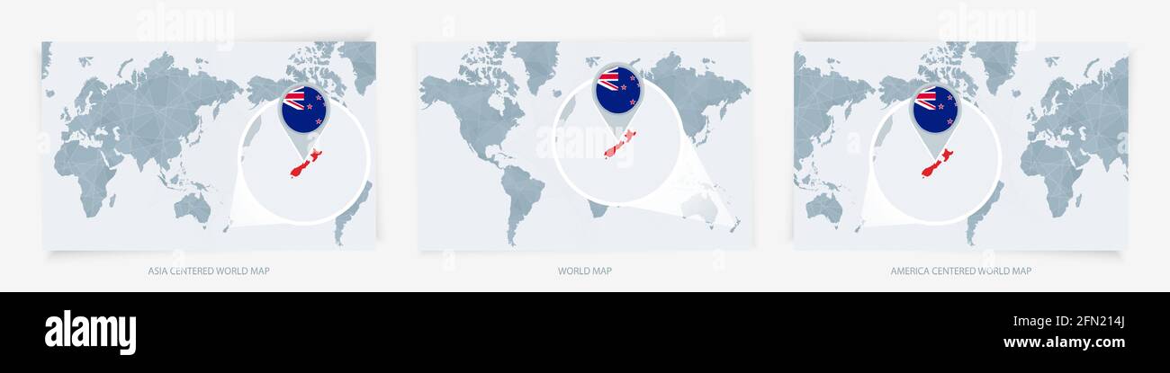 Three versions of the World Map with the enlarged map of New Zealand ...