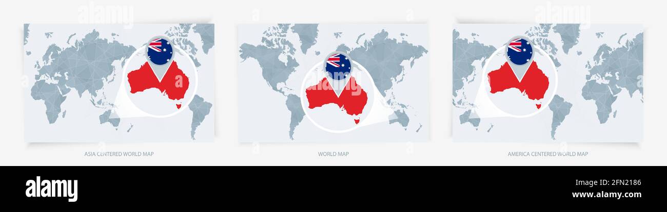 Three versions of the World Map with the enlarged map of Australia with ...