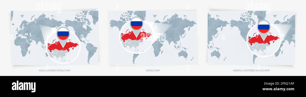 Three versions of the World Map with the enlarged map of Russia with ...