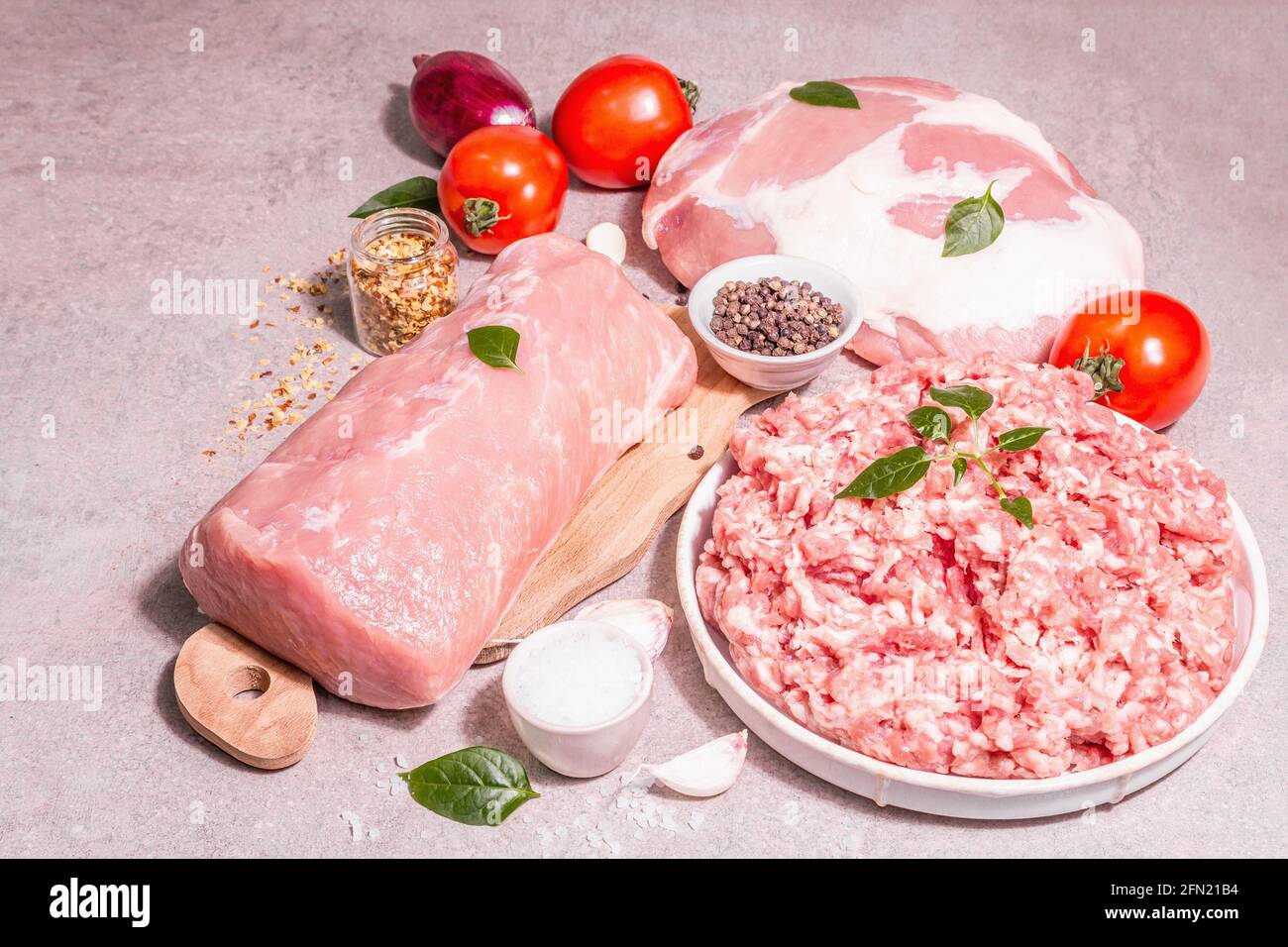 Raw pork assorted, different part cut. Fresh animal protein, minced ...