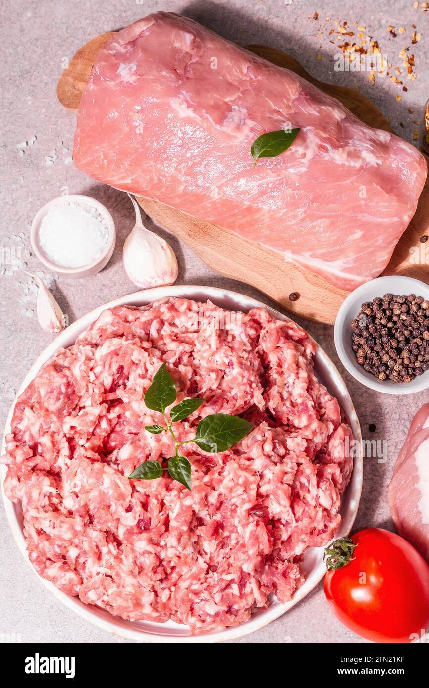 Raw pork assorted, different part cut. Fresh animal protein, minced ...