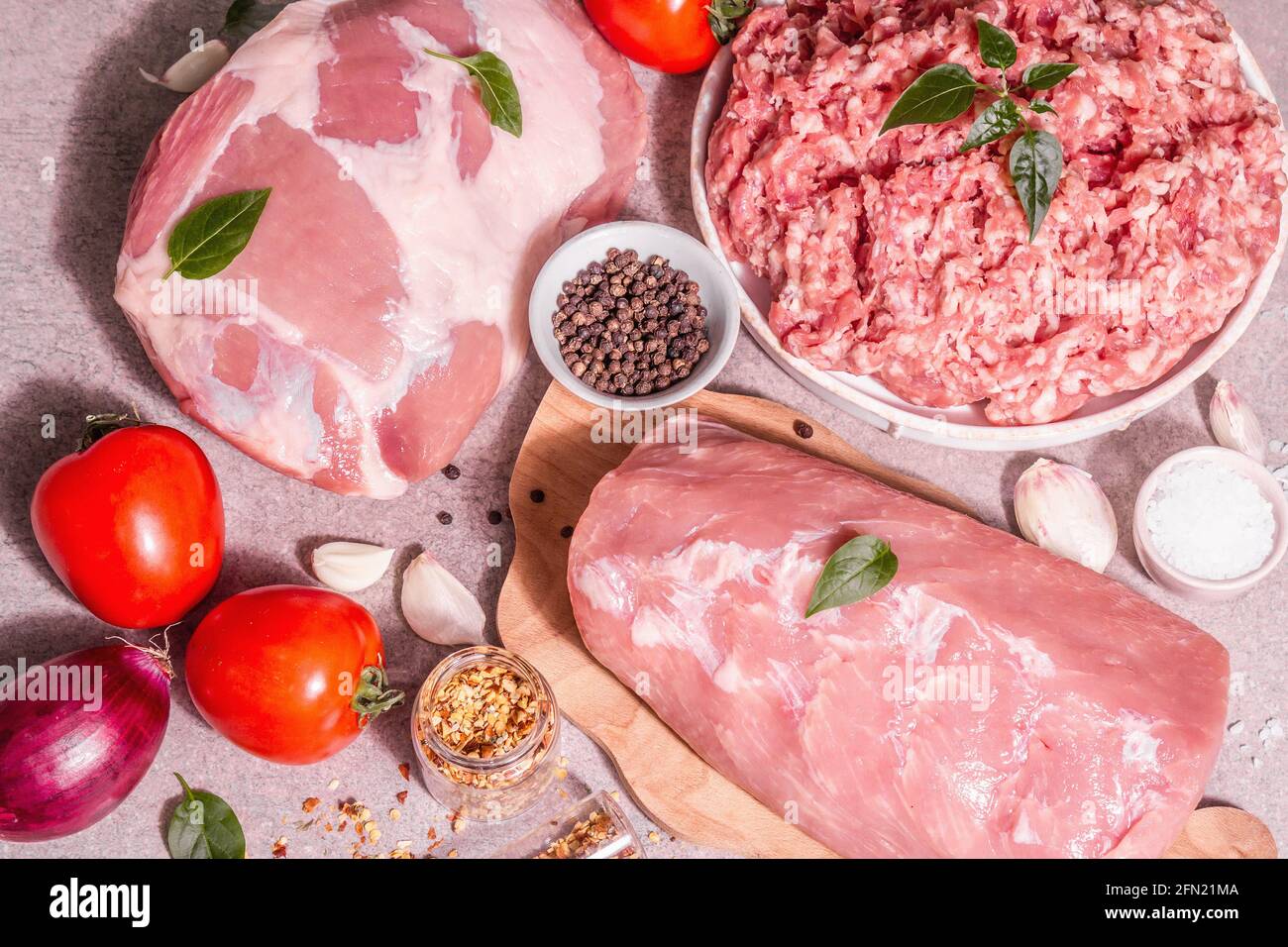 Raw pork assorted, different part cut. Fresh animal protein, minced ...