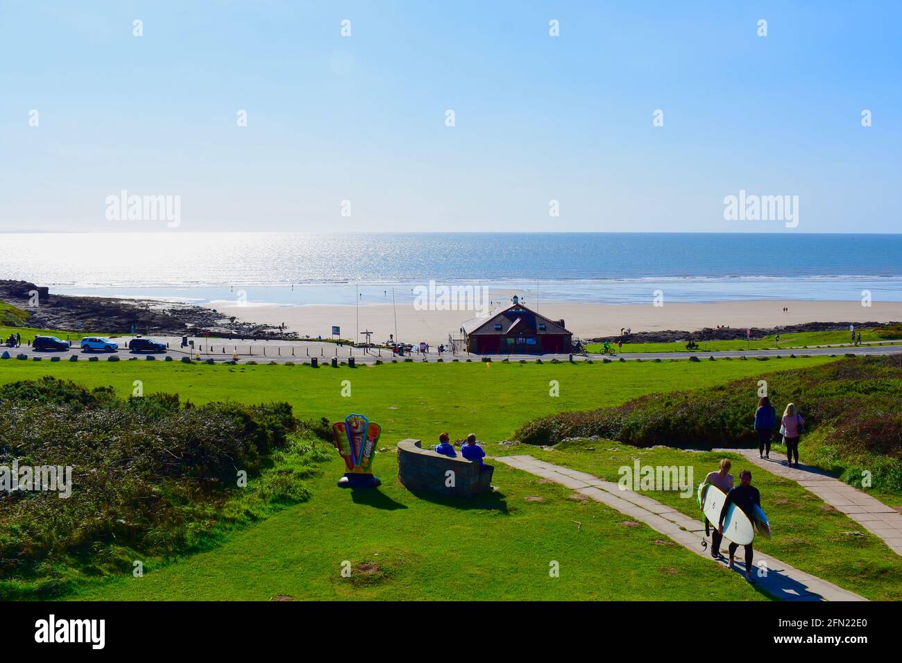 An elevated view of Rest Bay Porthcawl, a popular local beach for ...