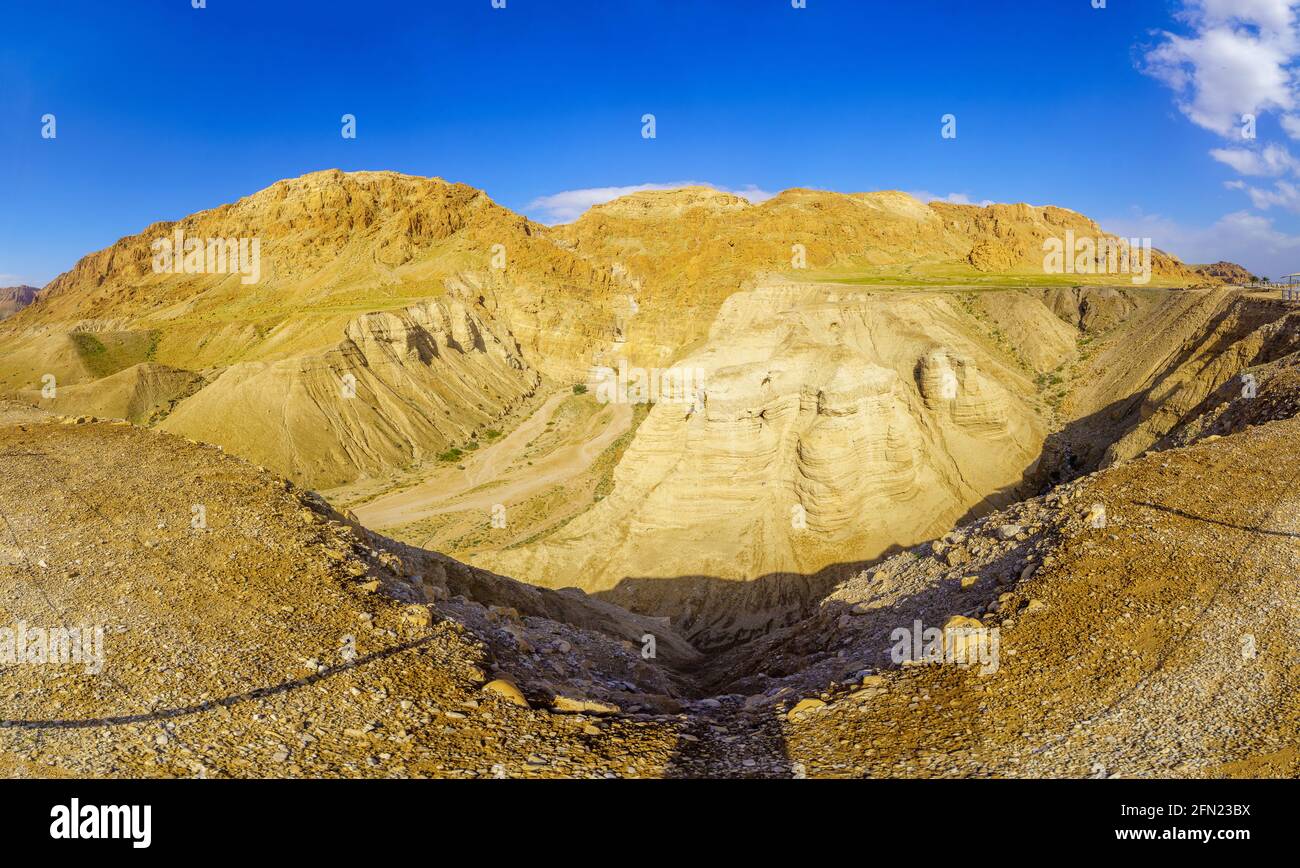 View of desert cliffs and landscape in Qumran, North West of the Dead ...