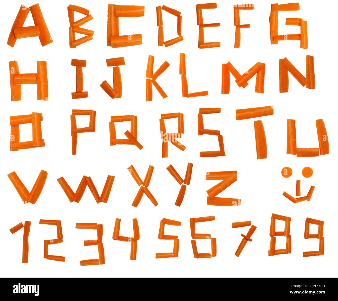 Letters made from vegetable sticks from carrots, arranged into alphabet ...