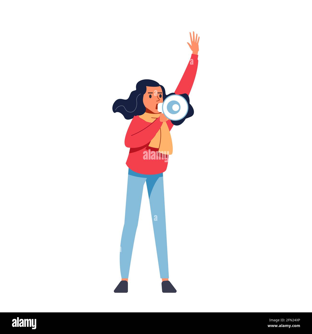 Female activist shouting on a megaphone. Young woman with raised hand ...