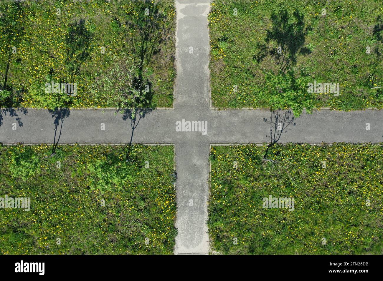 Top view of pedestrian sidewalk with intersection and green grass with ...
